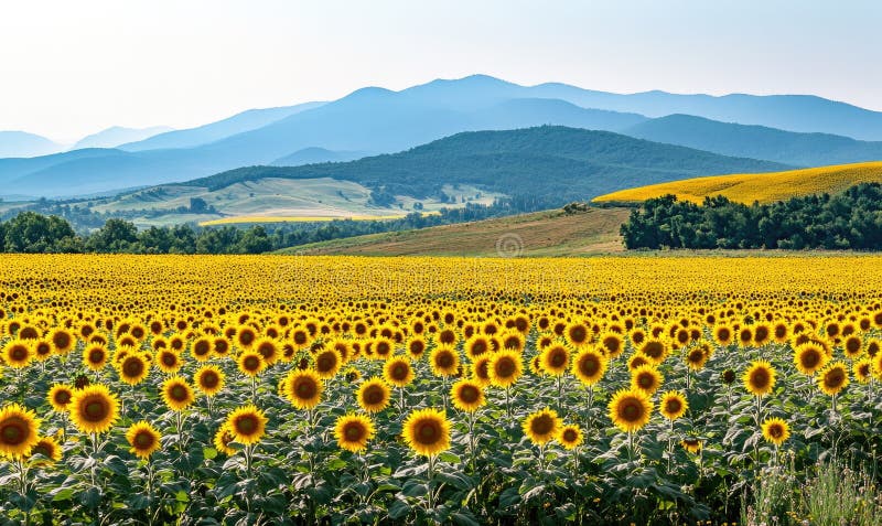 Rolling Sunflower Fields, Golden Waves, Distant Mountains Stock Image ...