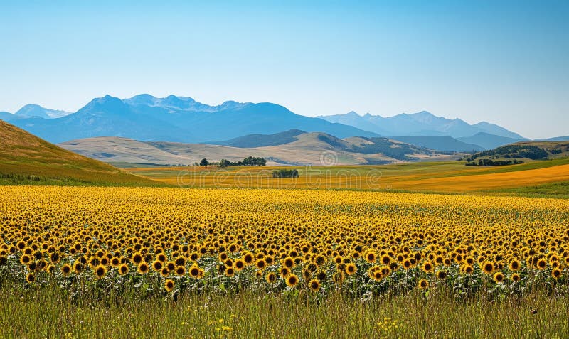 Rolling Sunflower Fields, Golden Waves, Distant Mountains Stock Image ...