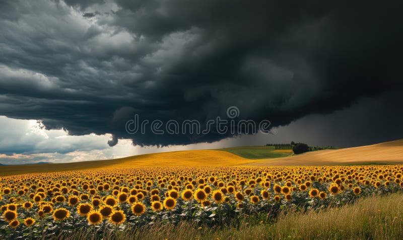 Rolling Sunflower Fields Under Dramatic Skies, Golden Waves Stock Image ...