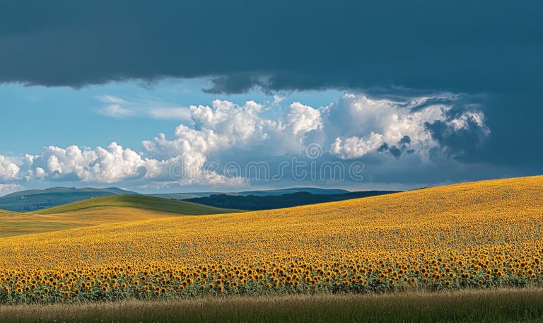 Rolling Sunflower Fields Under Dramatic Skies, Golden Waves Stock Photo ...