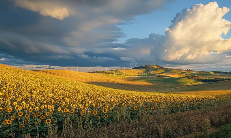 Rolling Sunflower Fields Under Dramatic Skies, Golden Waves Stock ...