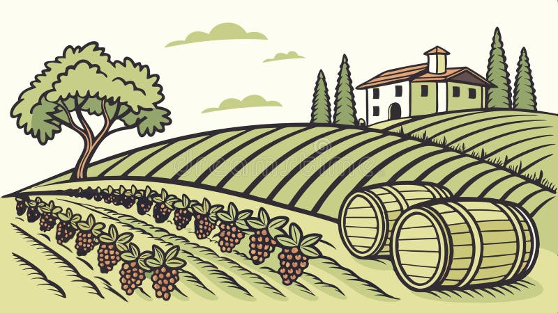 Rolling Vineyard Landscape with Barrels and Grape Vines Vector Design ...