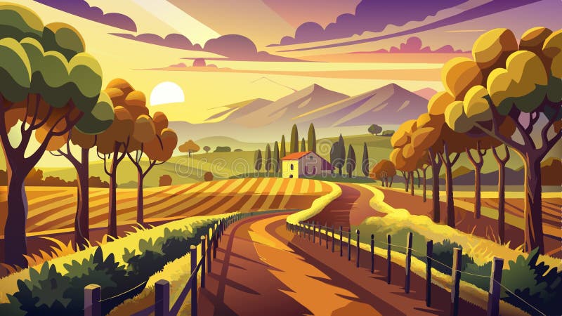 A Vineyard Bathed in Golden Light Stock Illustration - Illustration of ...