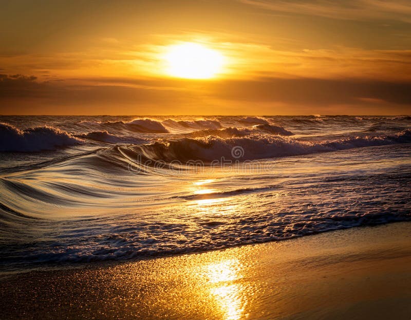 Rolling Waves with Golden Reflection at Sunset Stock Photo - Image of ...