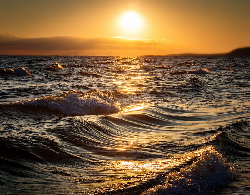 Rolling Waves with Golden Reflection at Sunset Stock Image - Image of ...