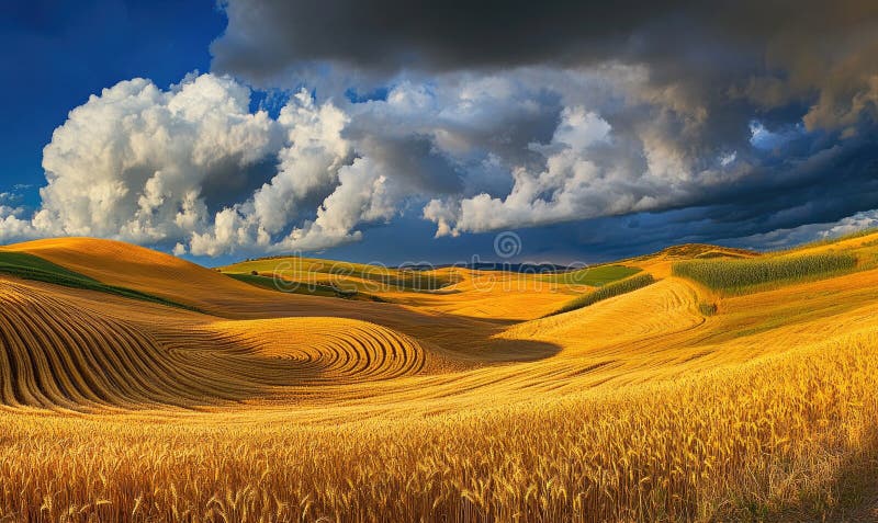 Rolling Wheat Fields Under Dramatic Skies, Golden Waves Stock Image ...