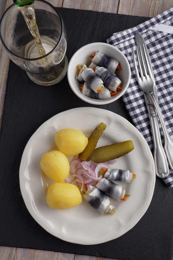 Rollmops with Boiled Potato Stock Photo - Image of flat, food: 87314036