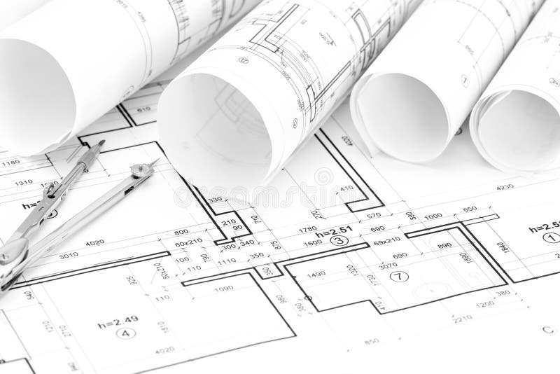 Architectural Background with Plan, Blueprints Rolls and Drawing ...