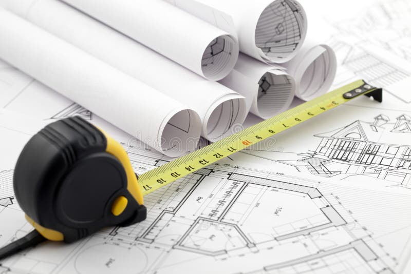 Rolls of Architectural Blueprints & Tape Measure Stock Image - Image of ...