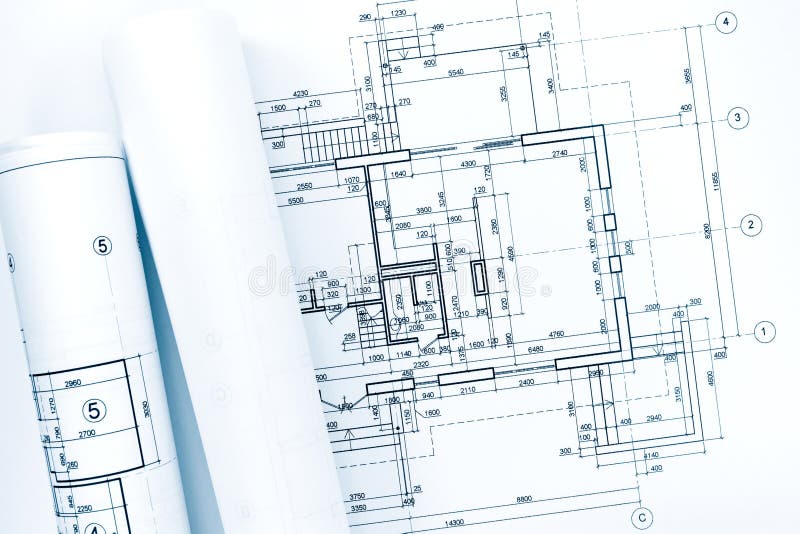 Rolls of Architectural Blueprints on Technical Plan of House Stock ...
