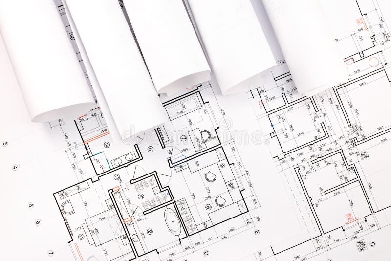 Rolls of Architecture Blueprints and House Plan Stock Image - Image of ...