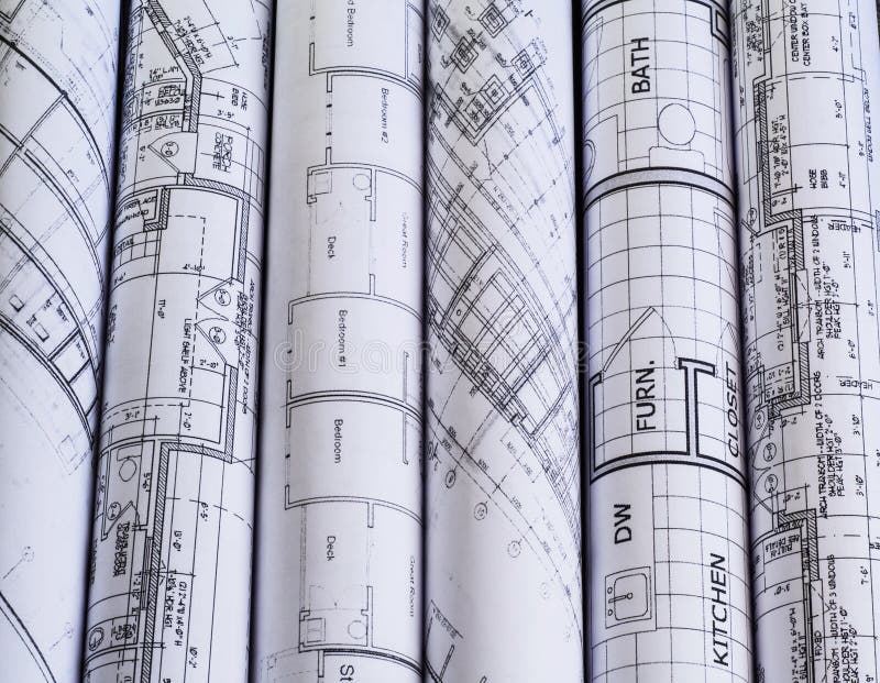 Rolls of Architecture Blueprints & House Plans Stock Image - Image of ...