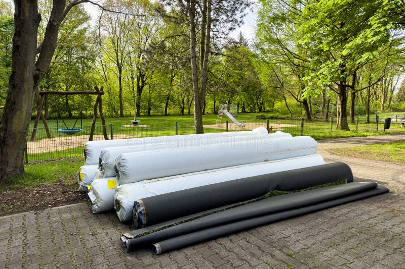 Rolls of Artificial Grass Wrapped in White Plastic Film Stock Photo ...