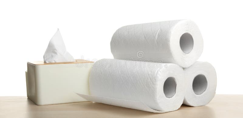 Rolls and Box of Clean Paper Tissues on Wooden Table Stock Photo ...