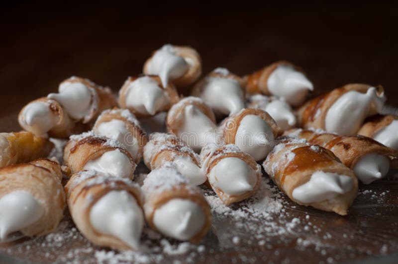 Rolls with Cream Sprinkled with Powdered Sugar Stock Image - Image of ...