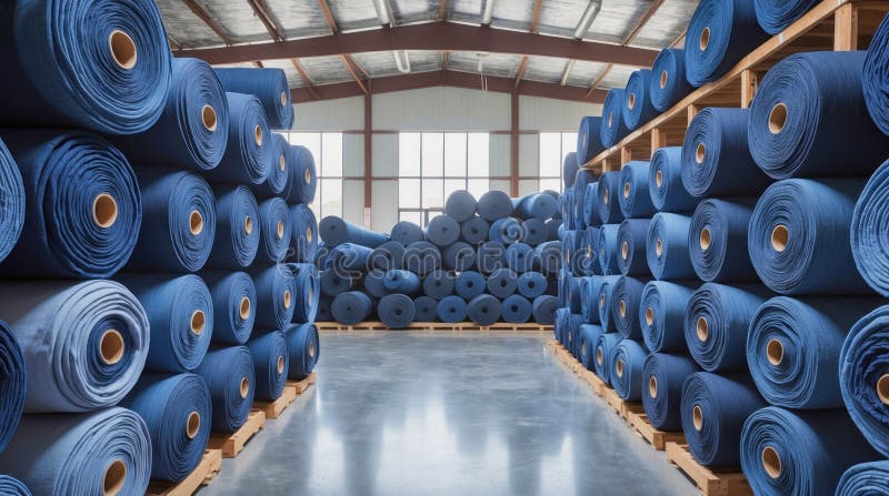 Rolls Denim Fabric Neatly Arranged Textile Warehouse Stock Photos ...
