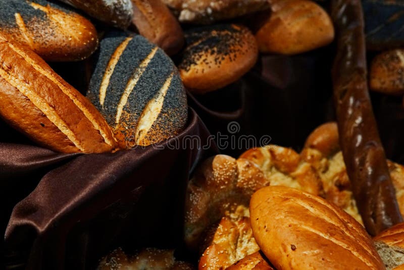 Many Rolls of Different Breads in the Bakery Restaurant Stock Image ...