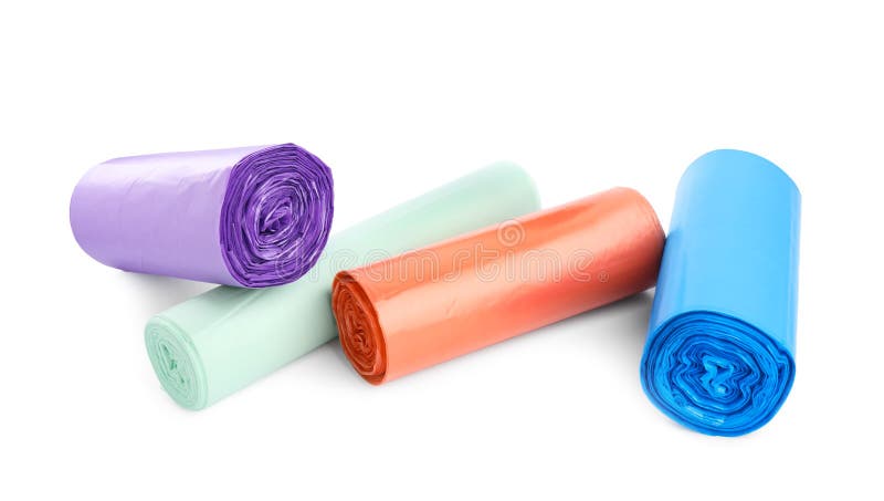 Rolls of Different Color Garbage Bags Isolated on White Stock Image ...