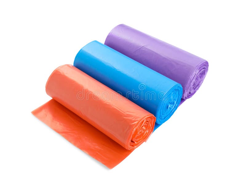 Rolls of Different Color Garbage Bags Isolated on White Stock Photo ...