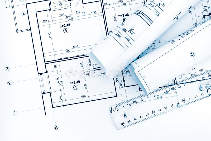 Rolls of Drawing Paper with Blueprints and Architectural Plans Stock ...