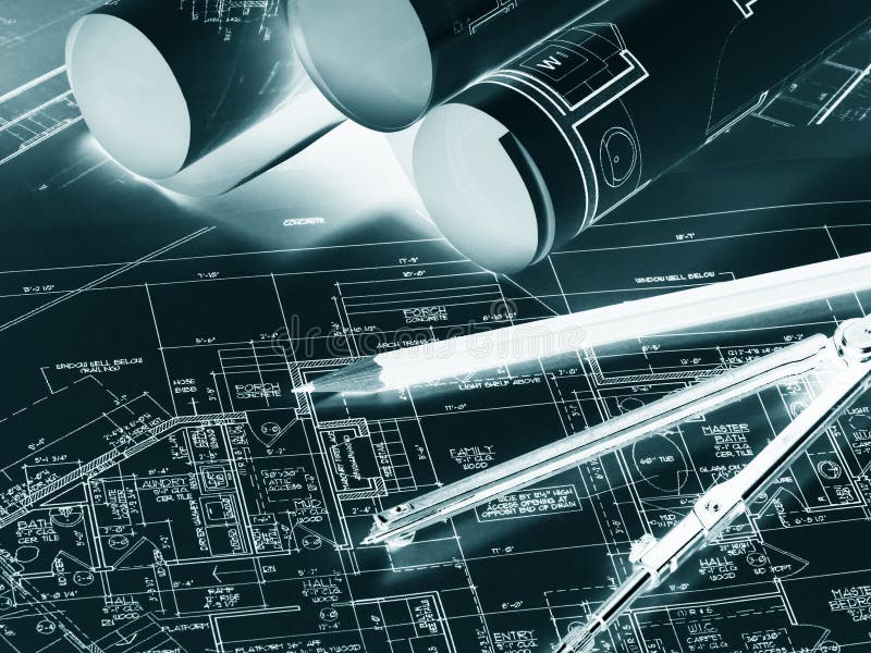 Rolls of Drawing Sketches. Workplace of Architect or Constructor Stock ...