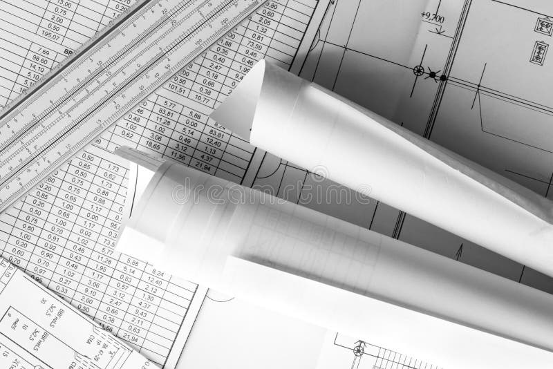 Rolls of Drawings and Slide Rule on the Scheme Stock Image - Image of ...
