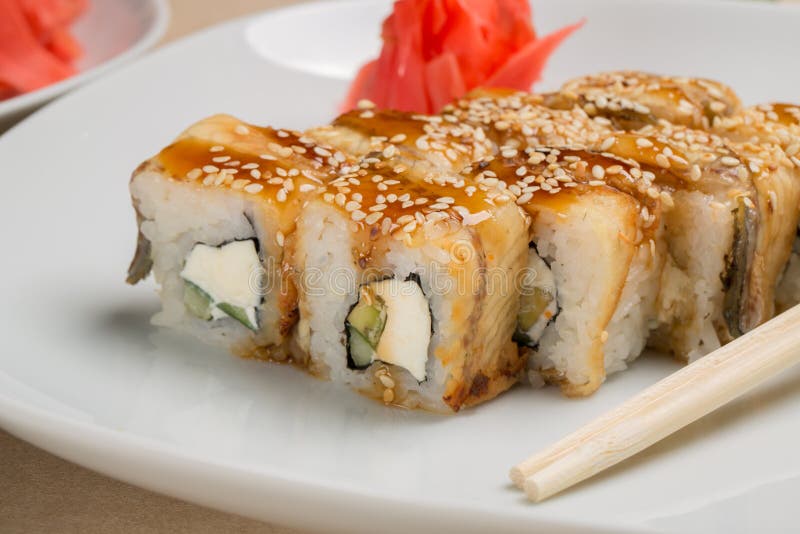Rolls with eel stock photo. Image of ginger, dish, cuisine - 92571808