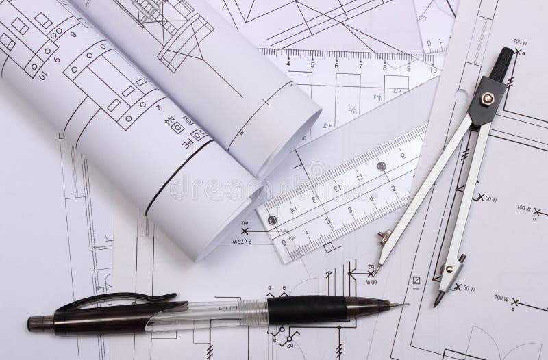 Rolls of Electrical Diagrams and Accessories for Drawing Stock Photo ...