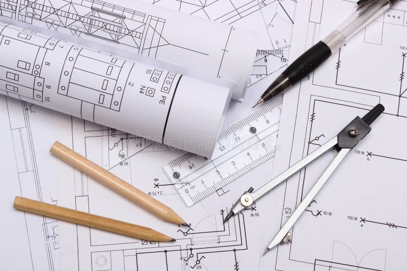 Rolls of Electrical Diagrams and Accessories for Drawing Stock Image ...