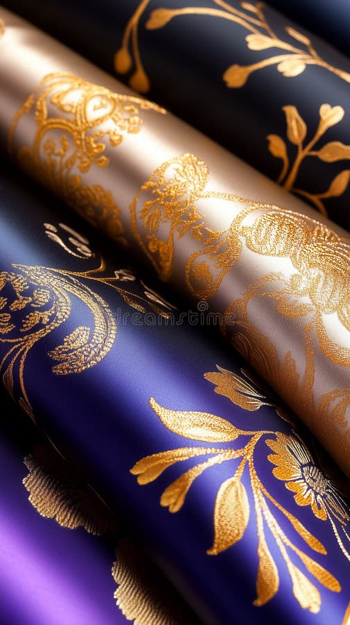 Rolls of Embossed Fabric Featuring Intricate Gold Designs Display a ...
