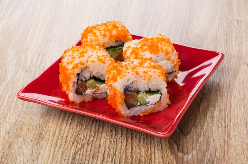 Rolls with Flying Fish Roe in Red Bowl on Table Stock Image - Image of ...