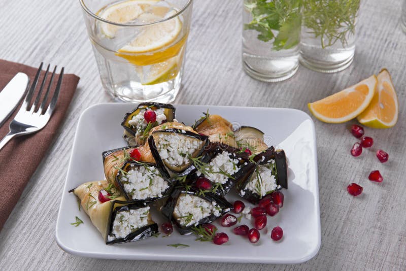 Rolls Of Fried Eggplant With Cheese And Pomegranate Seeds Stock Image Image Of Fried Meal