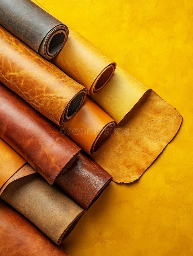 Rolls of Leather Fabric on a Yellow Surface. Stock Photo - Image of ...