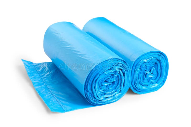 Rolls of Light Blue Garbage Bags on White Background. Cleaning Supplies ...