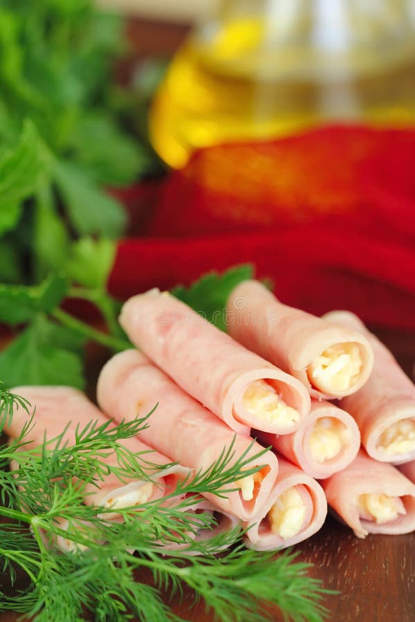 Rolls Made of Ham Stuffed with Cheese, Garlic and Mayonnaise Stock ...