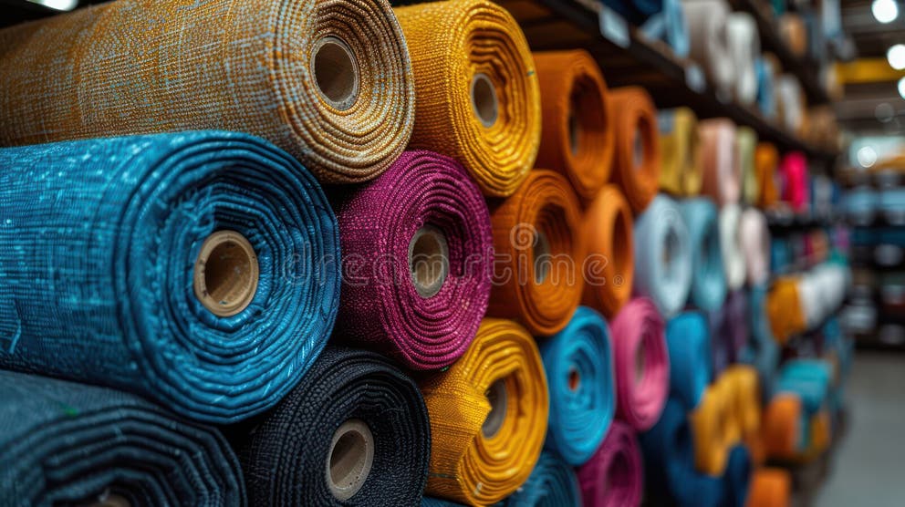 Rolls of Multi-colored Fabric and Spools of Cloths in Warehouse ...
