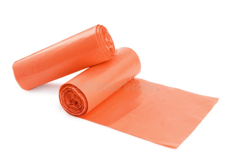 Rolls of Orange Garbage Bags Isolated on White Stock Image - Image of ...