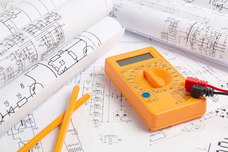 Electrical Engineering Drawings, Pencil and Digital Multimeter Stock ...