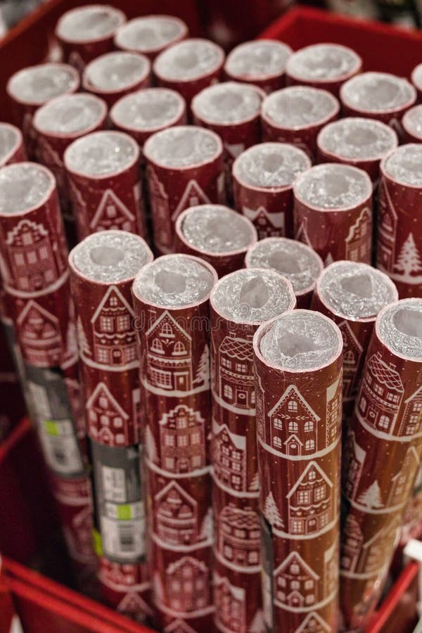 Rolls of Red and White Gingerbread House Wrapping Paper Stock Image ...