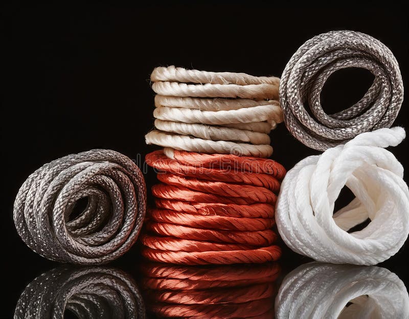 Rolls of Red and White Rope on a Black Background with Reflection Stock ...