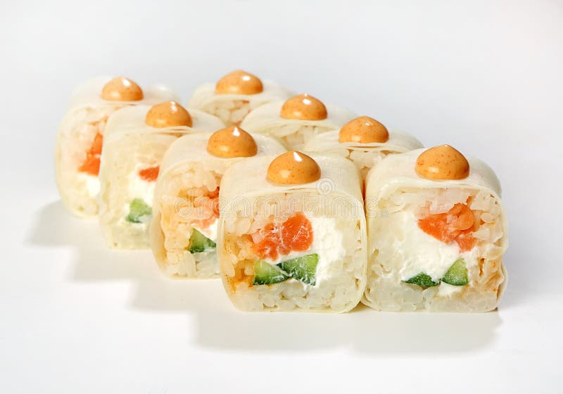Rolls Salmon, Cucumber, Philadelphia Cheese, Spice Sauce Stock Photo ...