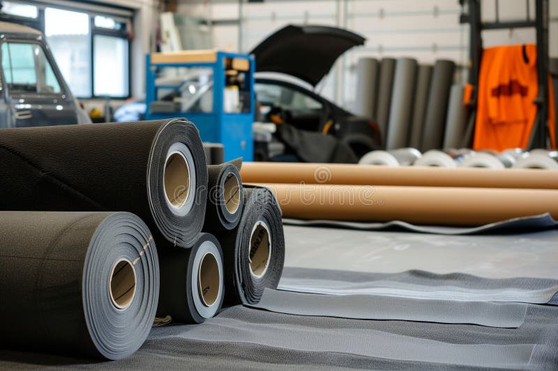 Rolls and Sheets of Soundproofing Materials Arrayed in a Car Workshop ...