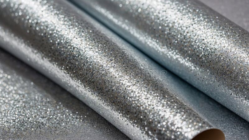 Rolls of Silver Glitter Paper with Scattered Sparkles on Metallic ...