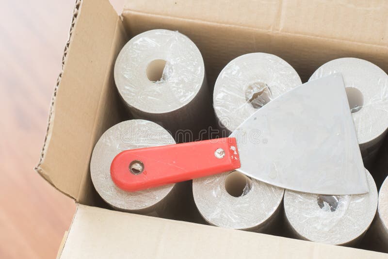 Rolls of Wallpaper in the Box Stock Image - Image of housework, bright ...
