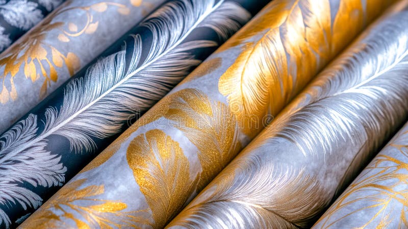 Rolls of Wallpaper Showing Soft Feather Patterns in Gold and Silver ...