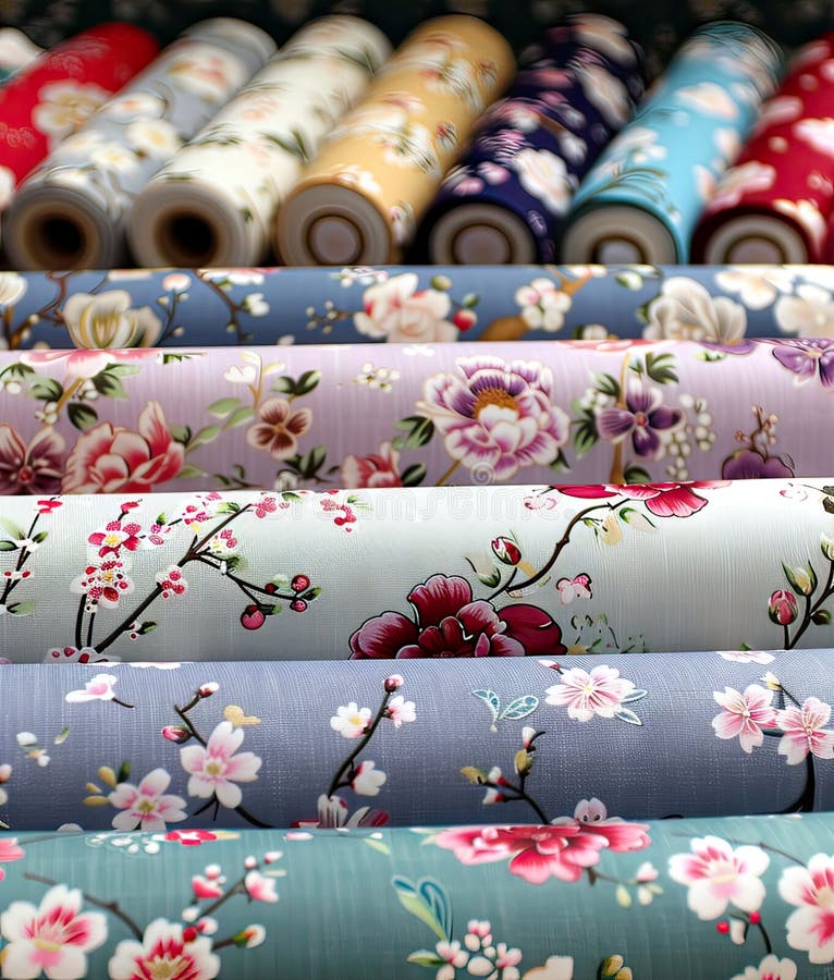 Rolls of Wallpapers with Beautiful Floral Pattern and Colors Stock ...