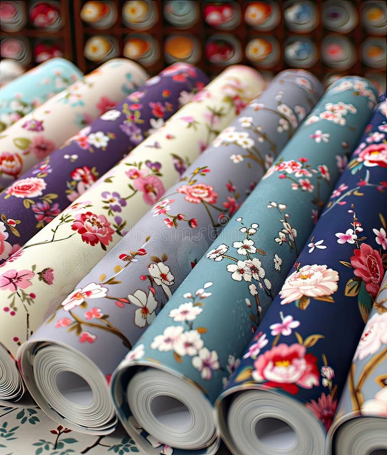 Rolls of Wallpapers with Beautiful Floral Pattern and Colors Stock ...