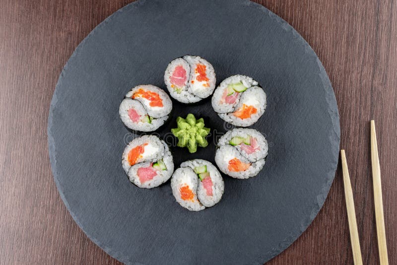 Rolls Yin Yang Top View on the Slate Board Stock Photo - Image of ...