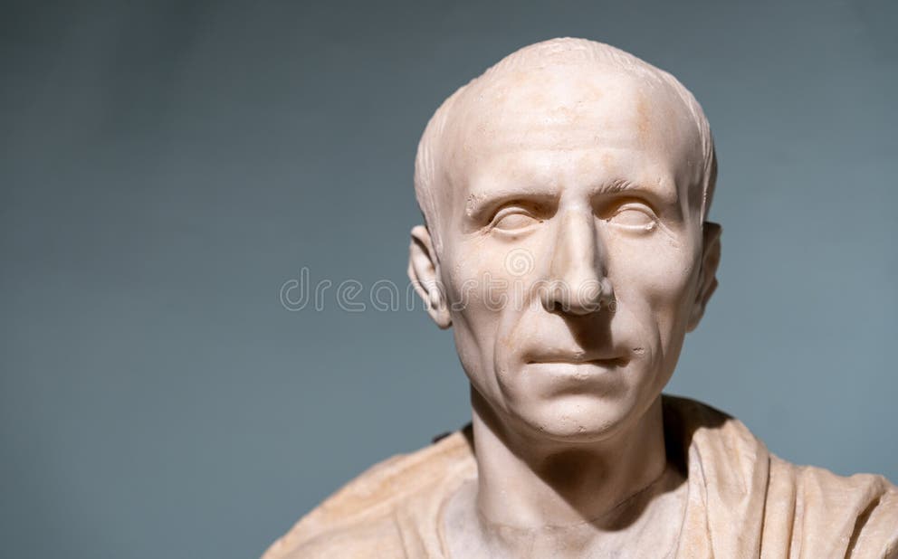 Close-up on Face of Ancient Roman Statue Portraiting a Bald Senior Man ...