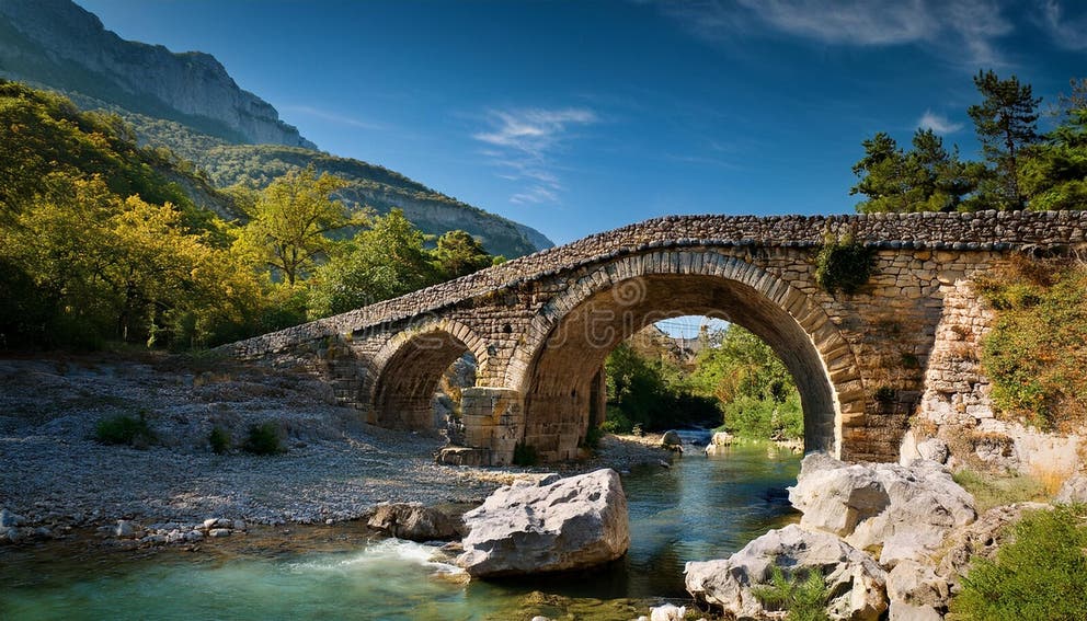 Roman Bridge Over a Mountain Stream, AI Generated Stock Illustration ...